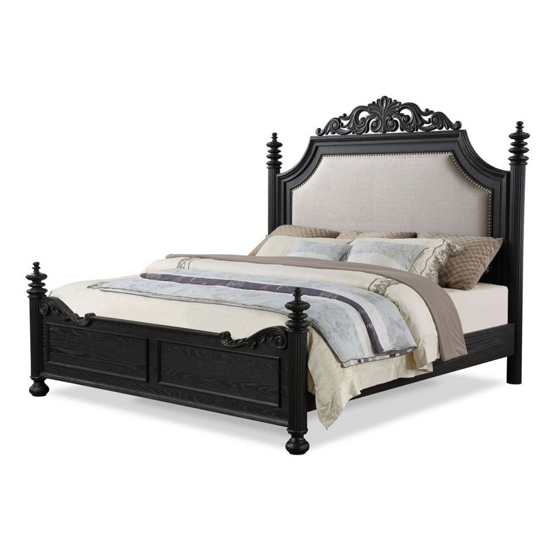 Benjara Berry King Size Bed Scrolled Headboard Cream Upholstery Black Wood Wayfair